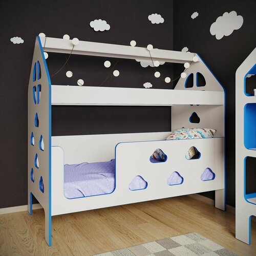Кровать детская с бортиком под матрас 160х80, кровать-домик "Облачка", БазисВуд, вход слева, цвет синий