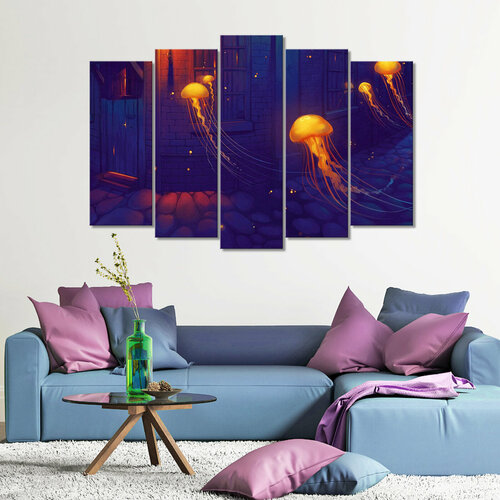 Модульная картина на холсте/Jellyfish fly home/Медузы летят к дому 150х100