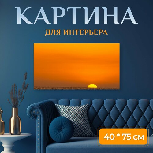 Картина на холсте "Заход солнца, море, горизонт" на подрамнике 75х40 см. для интерьера