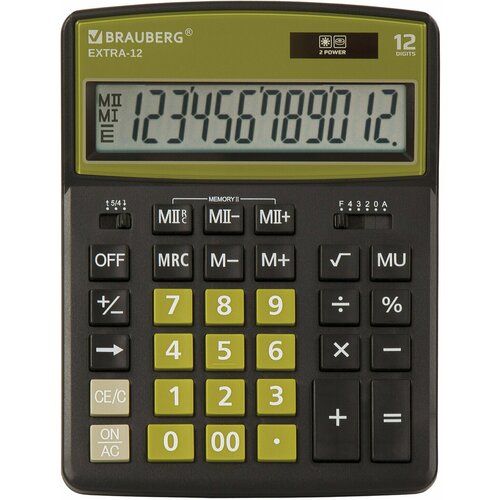 Калькулятор настольный BRAUBERG EXTRA-12-BKOL (206x155 мм), 12 разрядов, двойное питание, черно-оливковый, 250471
