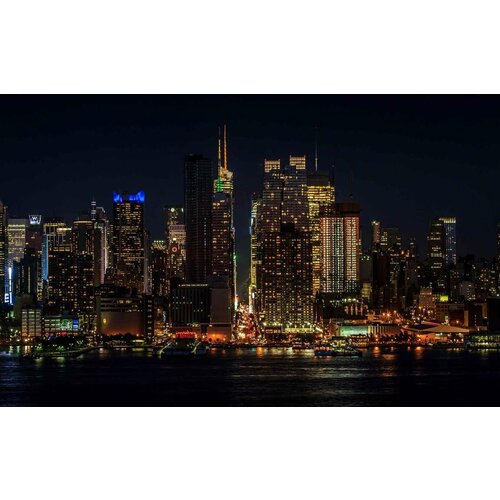 Картина на холсте 60x110 LinxOne "Городской пейзаж, ночь, нью-йорк, манхеттен" интерьерная для дома / на стену / на кухню / с подрамником