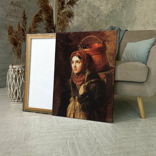 Картина на холсте (Картина женщины, несущей корзину) 30x40 см. Интерьерная, на стену.