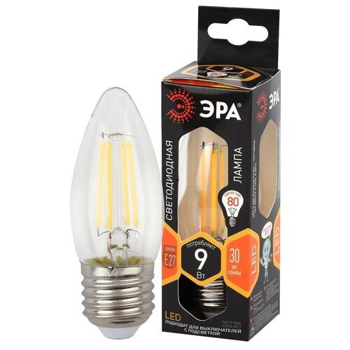 Лампа светодиодная филаментная F-LED B35-9w-827-E27 B35 9Вт свеча E27 тепл. бел. | код. Б0046993 | Эра (9шт. в упак.)