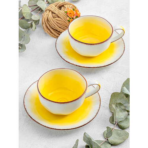 Чайная пара/ чашка с блюдцем/ кружка для чая/ кофе 4 предмета 250 мл 13х9,5х5,5 см Elan Gallery Кантри желтый