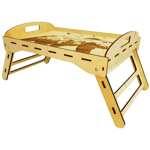Столик-поднос, размеры - 42х28,5х9см, материал - дерево, столик с гравировкой медведь, столик для завтрака, столик в постель, складной столик.