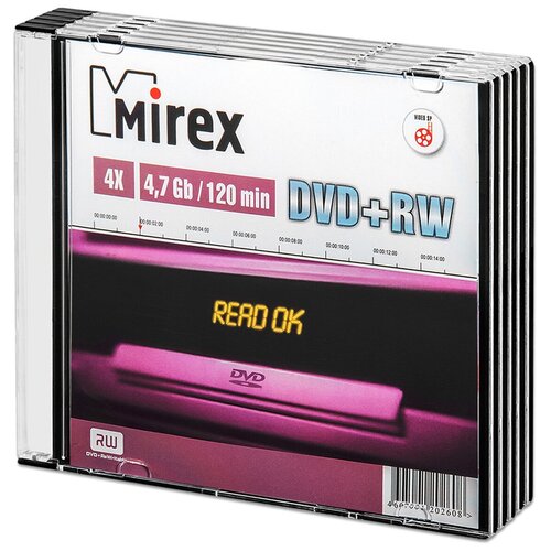 Перезаписываемый диск DVD+RW Mirex 4,7Gb 4x slim box, упаковка 5 шт.