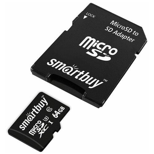 Карта памяти SmartBuy microSDXC 64 ГБ Class 10, UHS-I U3, R/W 90/55 МБ/с, адаптер на SD, 1 шт., черный