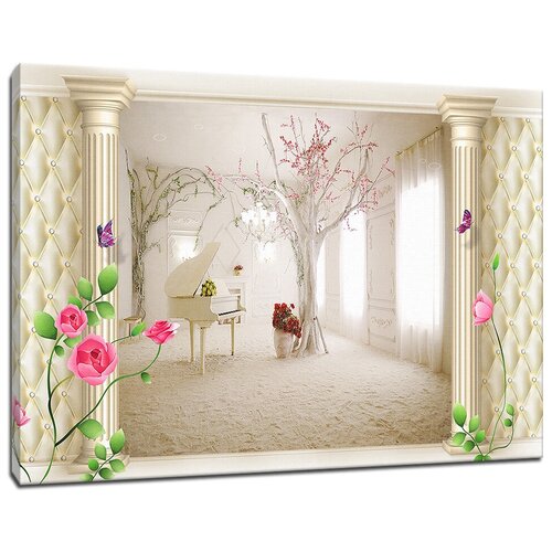Картина Уютная стена "Рояль за колоннами с рисунком роз" 90х60 см