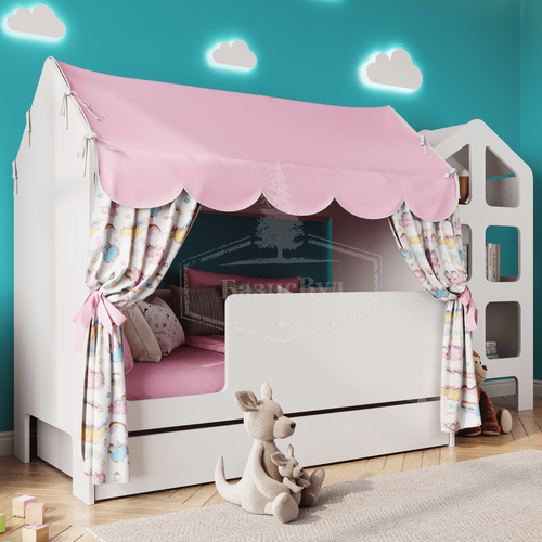 Кроватка детская домик с текстилем и ящиком (розовый с единорогами, вход слева) "Базовый"