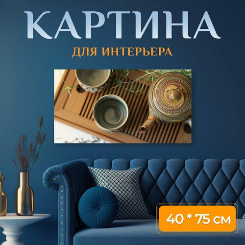 Картина на холсте "Чай, чайный набор, чашки" на подрамнике 75х40 см. для интерьера