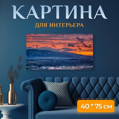 Картина на холсте "Вечерняя атмосфера, заход солнца, долина" на подрамнике 75х40 см. для интерьера
