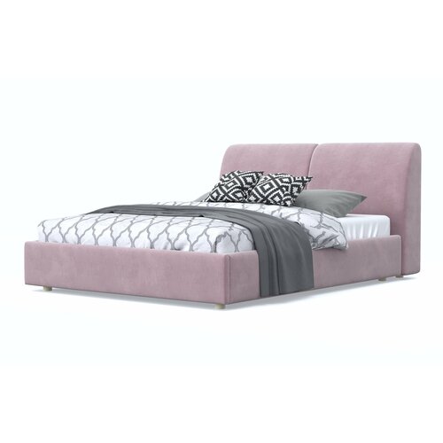 Двуспальная кровать бекка 140х200, с мягким изголовьем, розовый, микрошенилл, деревянная, на ножках