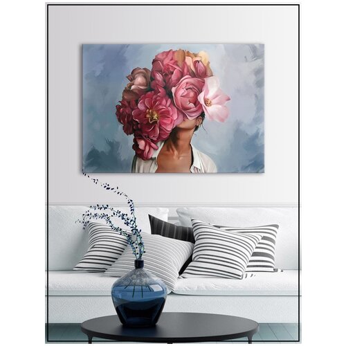 Картина для интерьера на натуральном хлопковом холсте "Девушка с цветами на голове", 55*77см, холст на подрамнике, картина в подарок для дома