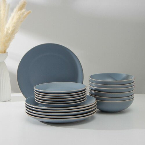 Набор тарелок керамических Доляна «Ваниль», 18 предметов: 6 тарелок d=19 см, 6 тарелок d=27 см, 6 мисок d=19 см, цвет голубой