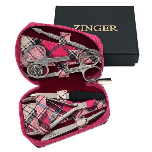 Маникюрный набор Zinger 7103, 6 предметов, серебристый/розовый клетка