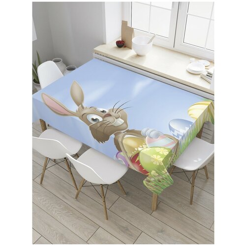 Скатерть прямоугольная JoyArty на кухонный стол "Заяц с пасхальной корзинкой" из оксфорда, 120x145 см