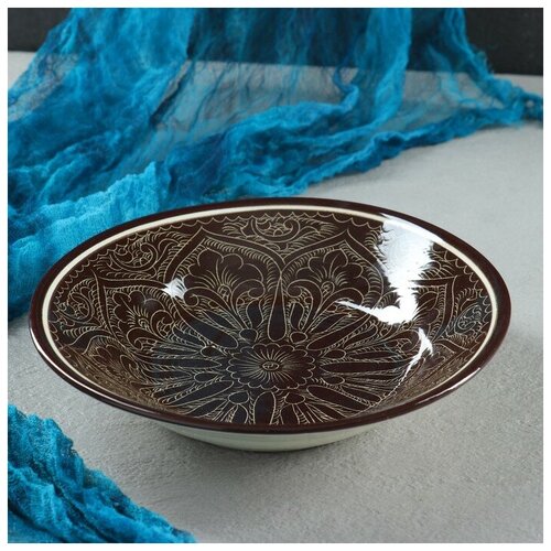 Тарелка Риштанская Керамика "Узоры", коричневая, глубокая, 20 см