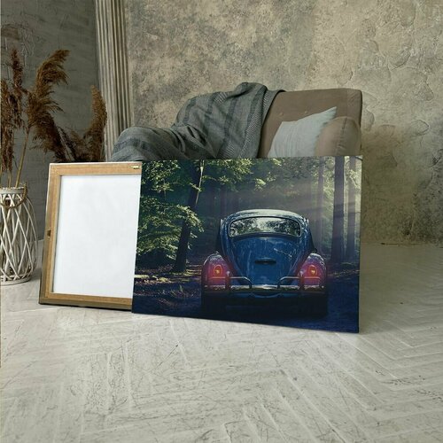 Картина на холсте (Синий автомобиль в лесу, машины, пейзаж) 30 40 см/ для интерьера/в комнату/на стену/в подарок