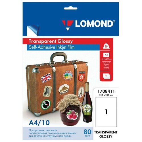 Lomond Пленка LOMOND для струйных принтеров, самоклеящаяся, прозрачная, 100 мкм, А4, 10 листов