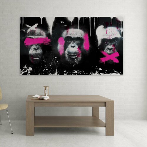 Интерьерная картина на натуральном холсте - Три обезьяны граффити, 96 х 48 см.