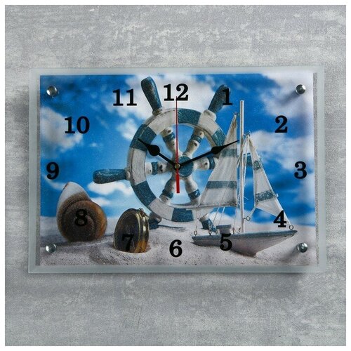 Часы настенные, серия: Море, "Штурвал и яхта на песке", 25х35 см, микс