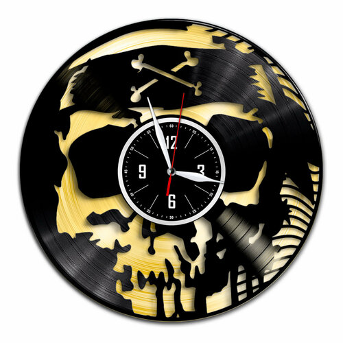 Пиратский Череп - настенные часы из виниловой пластинки (с золотой подложкой)