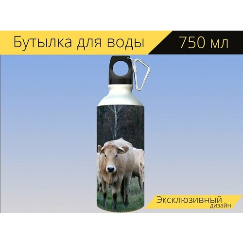Бутылка фляга для воды "Корова, изгородь, стадо" 750 мл. с карабином и принтом