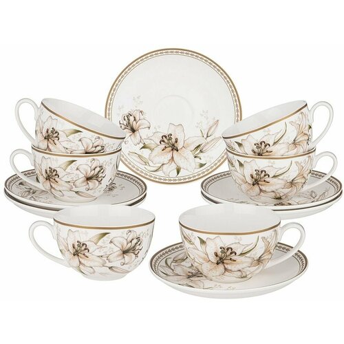 Чайный набор посуды на 6 персон Лефард Лилии 280 мл, сервиз 12 предметов: 6 чашек и блюдец, подарочный белый фарфор Lefard Lilies