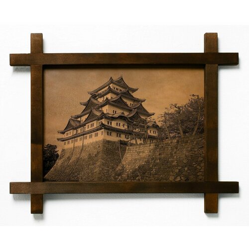 Картина Замок Нагоя, гравировка на натуральной коже, интерьерная для украшения и декора на стену в деревянной раме, подарок, BoomGift
