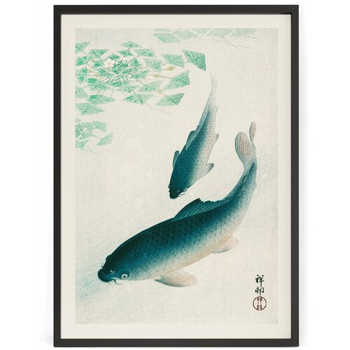 Постер на стену Японская гравюра Укие-э Катё-га - Карп или кои 70 x 50 см в тубусе