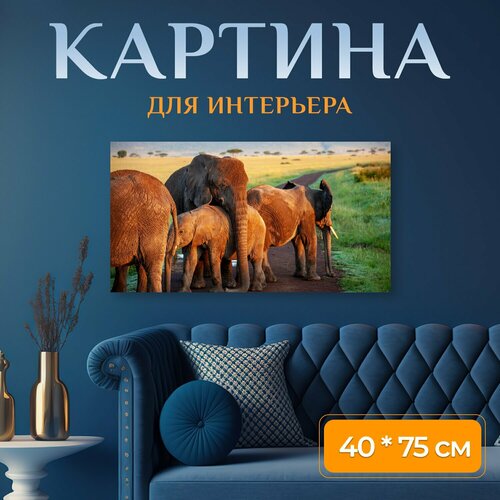 Картина на холсте "Слон, стадо, мама" на подрамнике 75х40 см. для интерьера