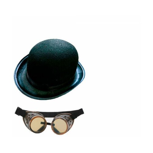 Набор шляпа "Котелок" черная фетровая р-р 58, карнавальные очки "Стимпанк Летчик" гогглы