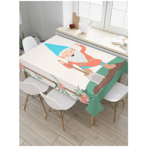 Скатерть прямоугольная JoyArty на кухонный стол "Гномик на грядке" из оксфорда, 180x145 см