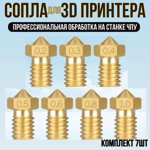 Сопло для 3D принтера. Набор из 7 сопел для E3D V5, V6 / Комплект для 3д принтера размерами 0.4, 0.6