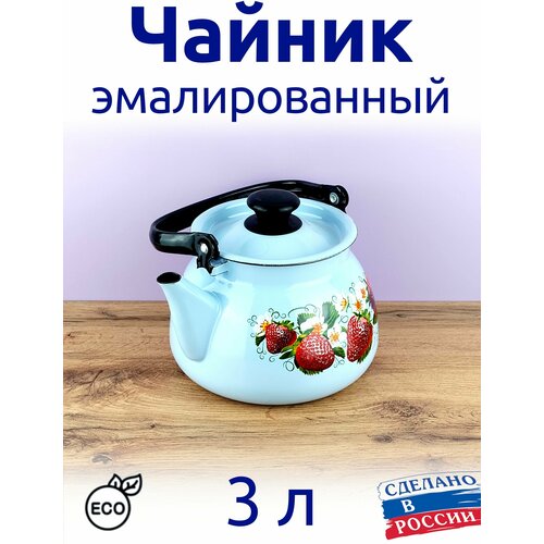 Чайник эмалированный 3,0 л Голубой, с рисунком, сферический