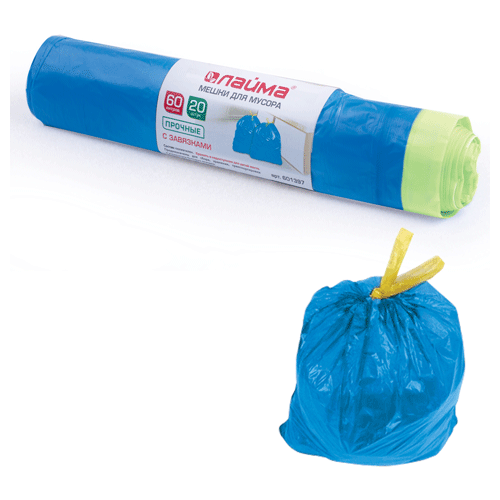 Мешки для мусора 60 л, завязки, синие, в рулоне 20 шт, ПНД, 12 мкм, 55х62 см (±5%), прочные, лайма