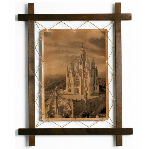 Картина Храм Святого Сердца, Барселона, гравировка на натуральной коже в деревянной раме, подарок, BoomGift