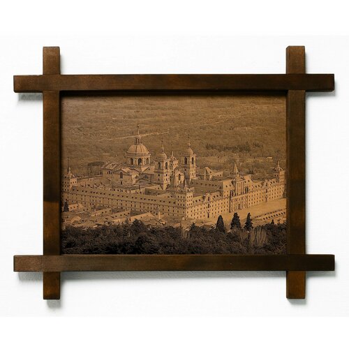 Картина Эскориал, Испания, гравировка на натуральной коже, интерьерная для украшения и декора на стену в деревянной раме, подарок, BoomGift