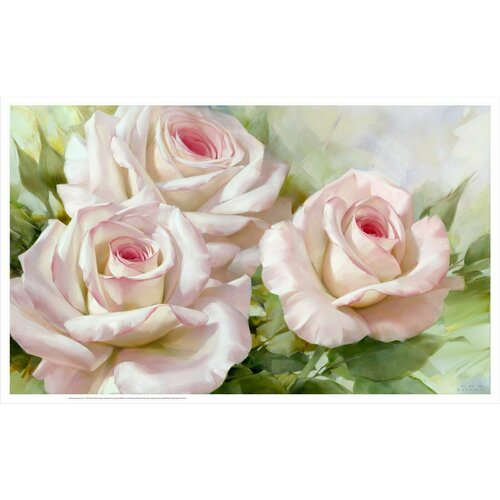 Постер на холсте, "Бело-розовые розы I", 100х60 см, художник - Левашов И. Холст в рулоне, Арт. ЛИ-р3