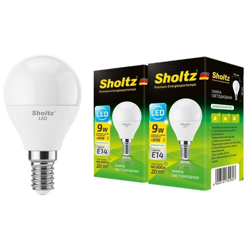 Комплект из 2 светодиодных энергосберегающих ламп Sholtz шар G45 9Вт E14 4200К 220В пластик (Шольц) LEB3048D