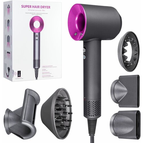 Интеллектуальный фен для волос Super Hair Dryer 1600 Вт, 3 режима, 5 магнитных насадок, ионизация воздуха