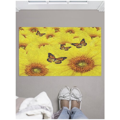 Придверный коврик в прихожую JoyArty "Бабочки на цветах" для обуви, на резиновой основе, 75x45 см