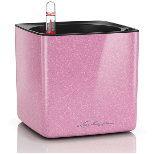 Кашпо LECHUZA CUBE Glossy с автополивом, 0.4л, 12x13.5 см, 14x14x13.5 см, нежно-розовый блестящий