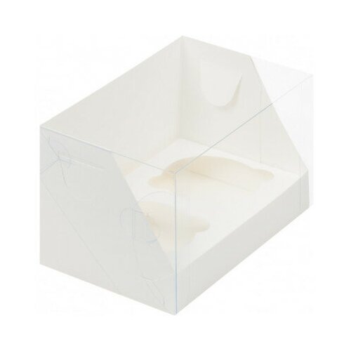 Комплект 10 штук. Коробка на 2 капкейка с пластиковой крышкой РК Белая. Размер: 16х10х10 см