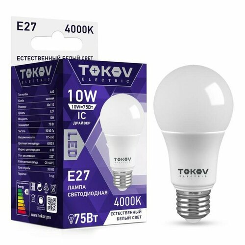 Лампа светодиодная TOKOV ELECTRIC, 10 Вт, А60, 4000 К, Е27, 176-264В