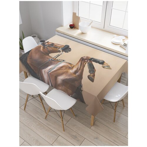 Прямоугольная водоотталкивающая тканевая скатерть на стол JoyArty с рисунком "Смелая лошадь" 145 на 180 смкоричневый, черный, бежевый