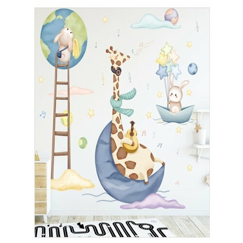 Наклейки интерьерные детские на стену BARSS "Жираф на луне". Фотообои в детскую комнату.