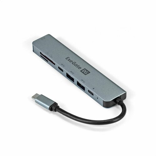Док-станция 7-в-1 ExeGate DUB-21C/PD/CR/H (кабель-адаптер USB Type-C --> 2xUSB3.0 + Card Reader + PD 100W + HDMI 4K@60Hz, Plug&Play, серый) EX293983RUS