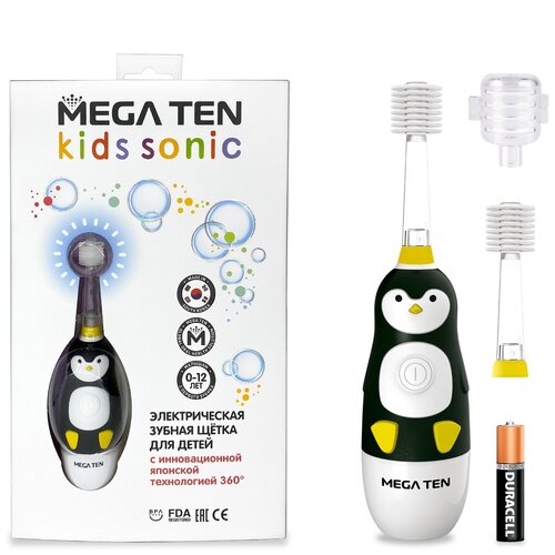  звуковая зубная щетка MEGA Ten Kids Sonic Пингвиненок в наборе, черный/белый