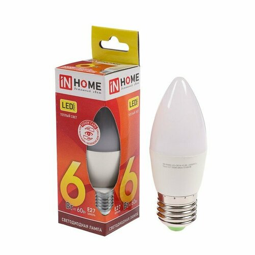 Лампа светодиодная IN HOME LED-СВЕЧА-VC, Е27, 6 Вт, 230 В, 3000 К, 540 Лм (комплект из 15 шт)